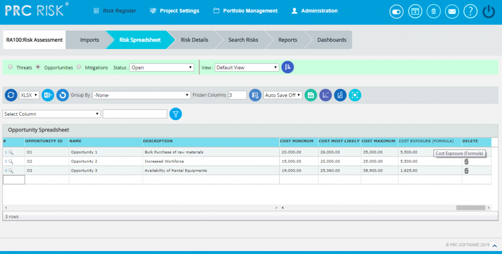 Spreadsheet View (Opportunities) – Risk Register
