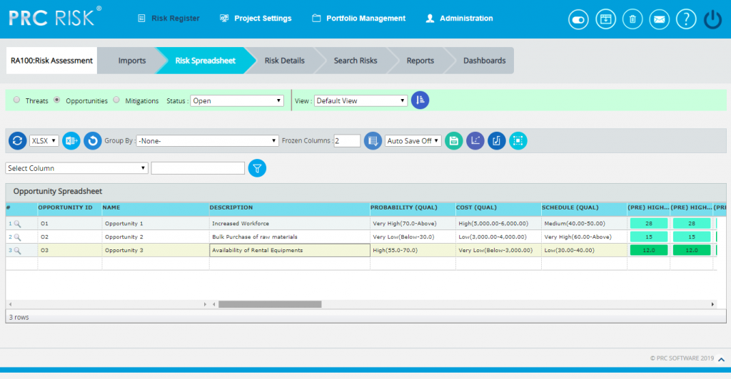 Spreadsheet View (Opportunities) – Risk Register
